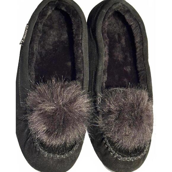 Shoes | Bear Paw Black Suede Moccasin Slippers With Faux Fur Pom Poms ...